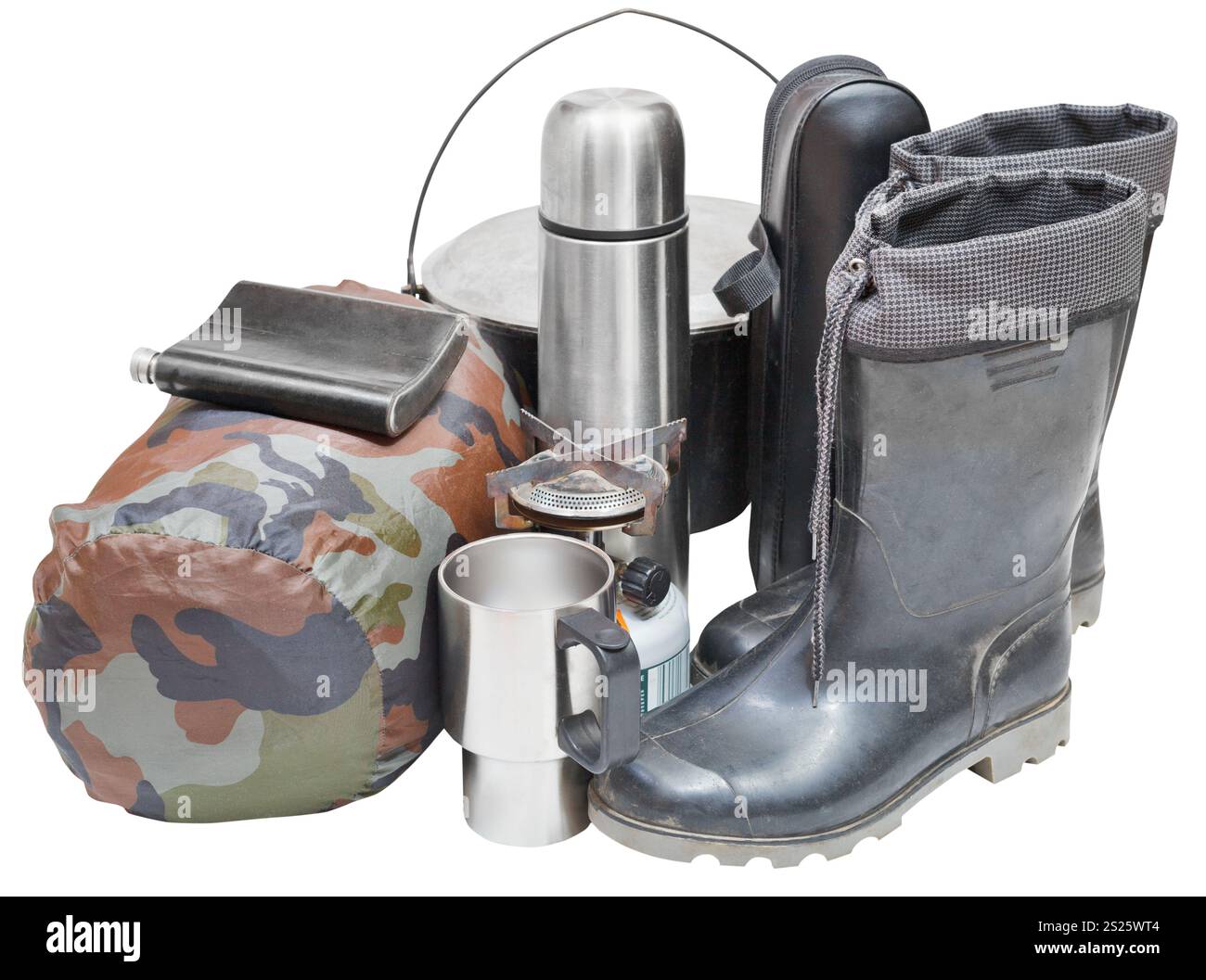 set of camping accessories with gumboots, pot, thermos, flask, can ...