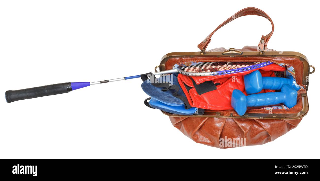 female little handbag with sport items boxing gloves, dumbbells, tennis ...