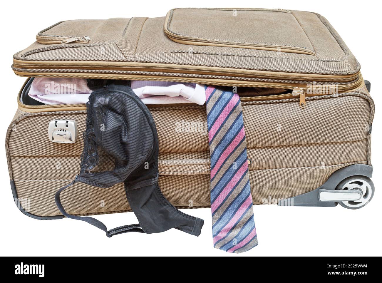 textile suitcase with fell out male tie and female bra isolated on ...