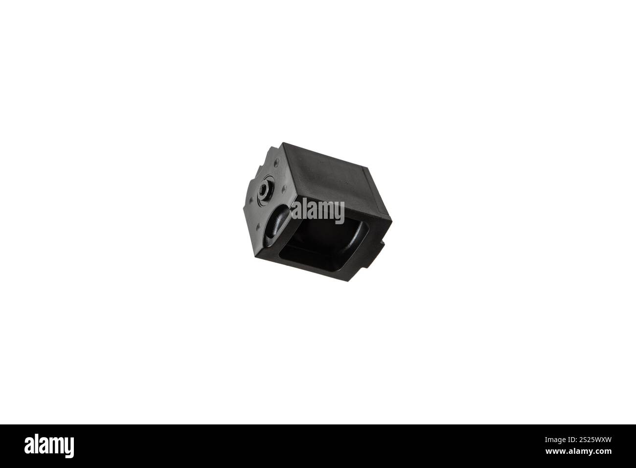 A .22LR rifle magazine, black and rectangular with a metal top, used ...