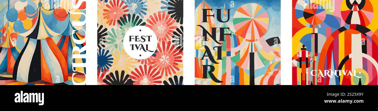 Circus and Carnival creative retro art square banner set. Festival and ...