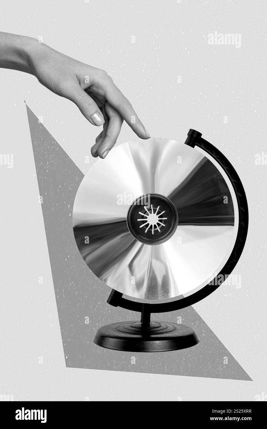 Artwork magazine collage picture of arm touching retro vintage cd disk instead of planet globe ...
