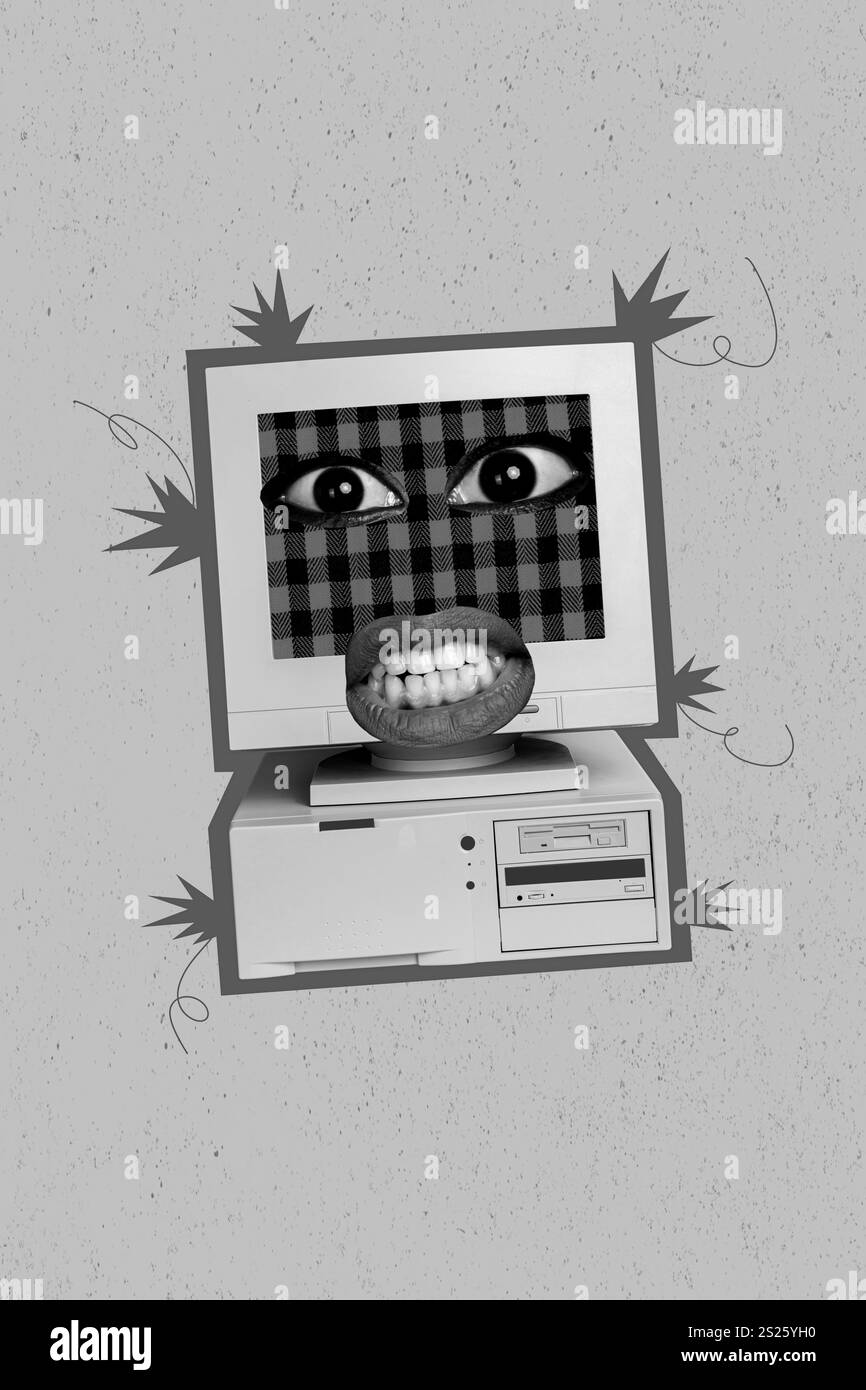 Vertical collage picture of vintage computer screen display eyes angry ...