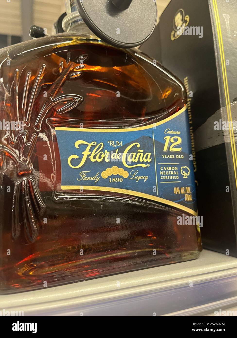 Flor de Caña rum from Nicaragua bottle display in supermarket Stock ...