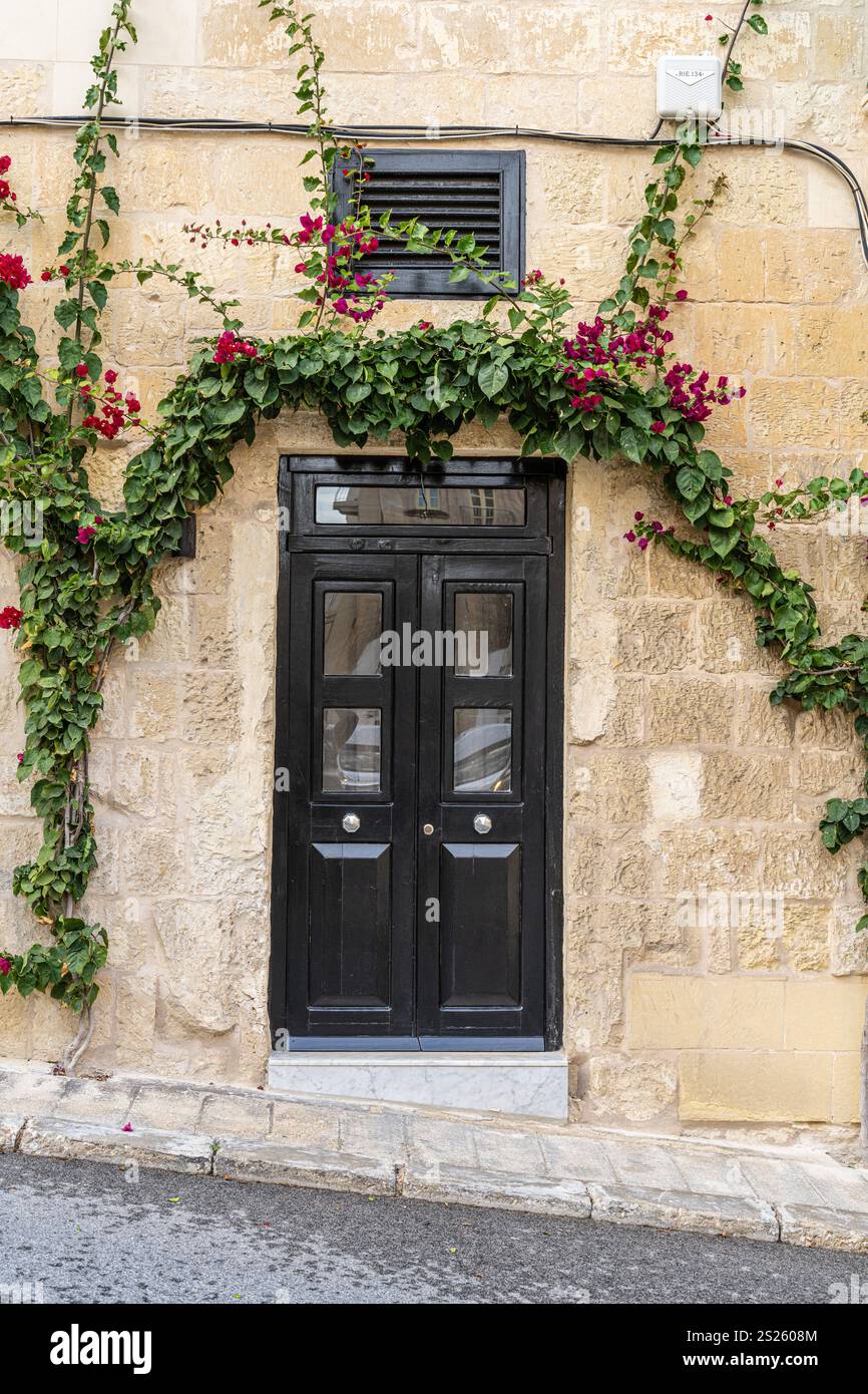 Traditional house detail in Malta. Limestone yellow bricks and colorful ...