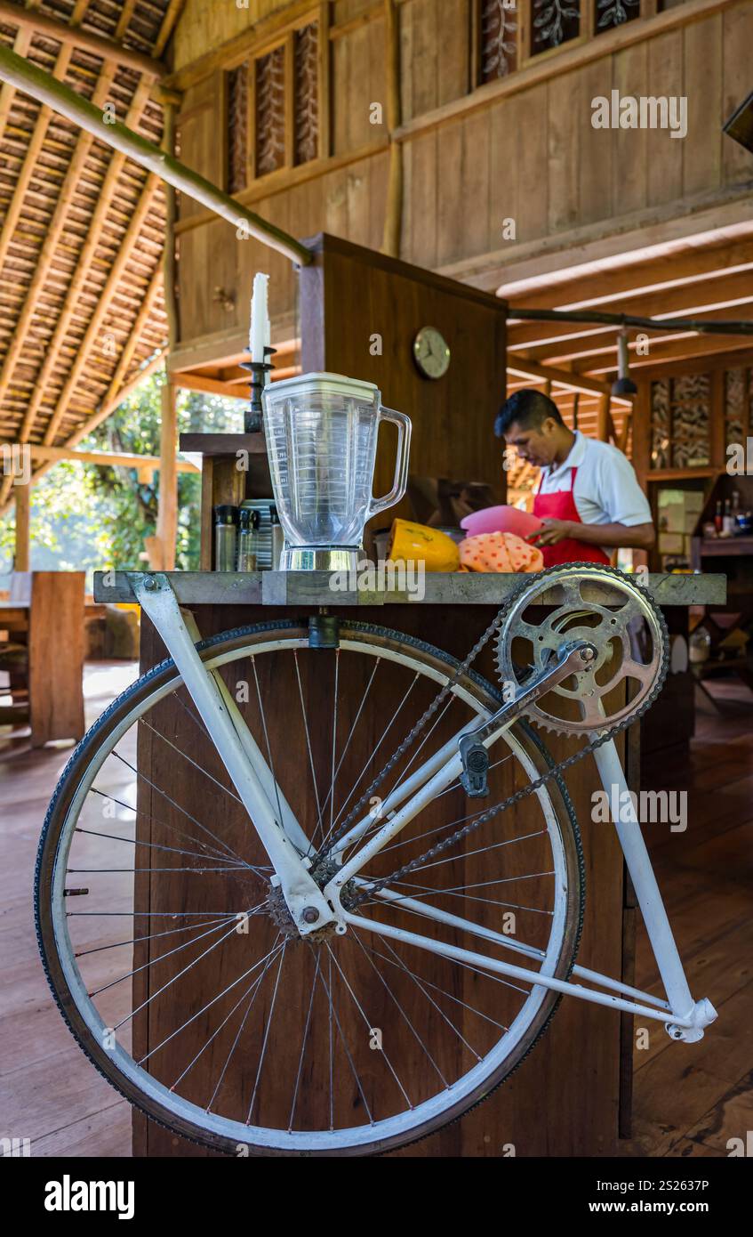 Blender powered by a bicycle wheel, El Monte Sustainable Lodge, Mindo ...