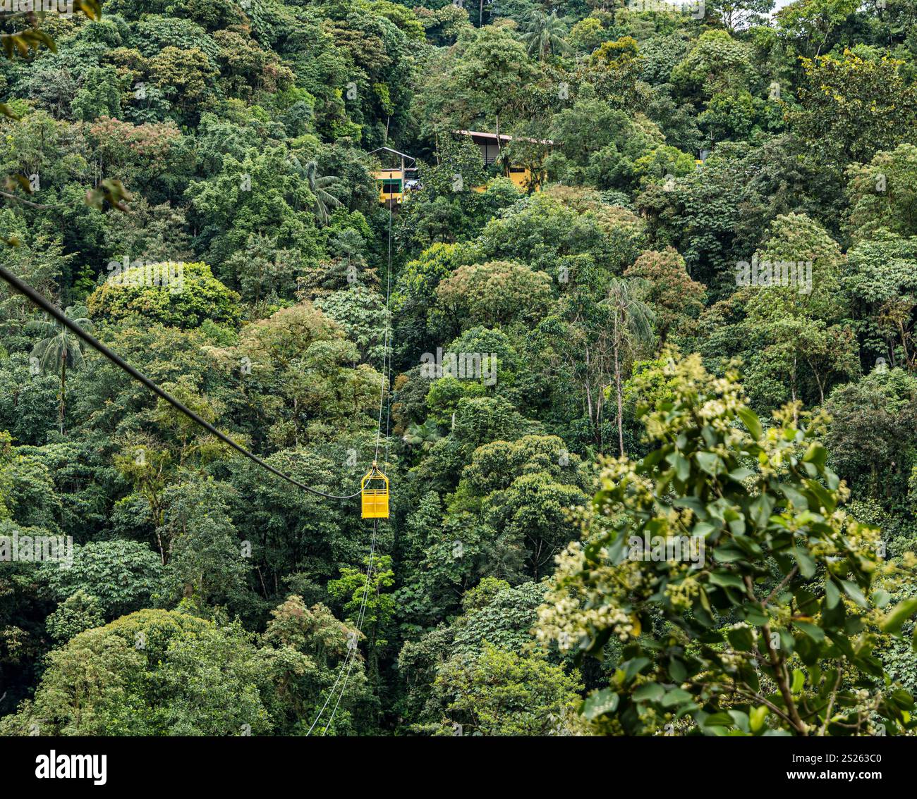 Cable car crossing gorge or ravine, Santuario de las Cascadas, Mindo ...