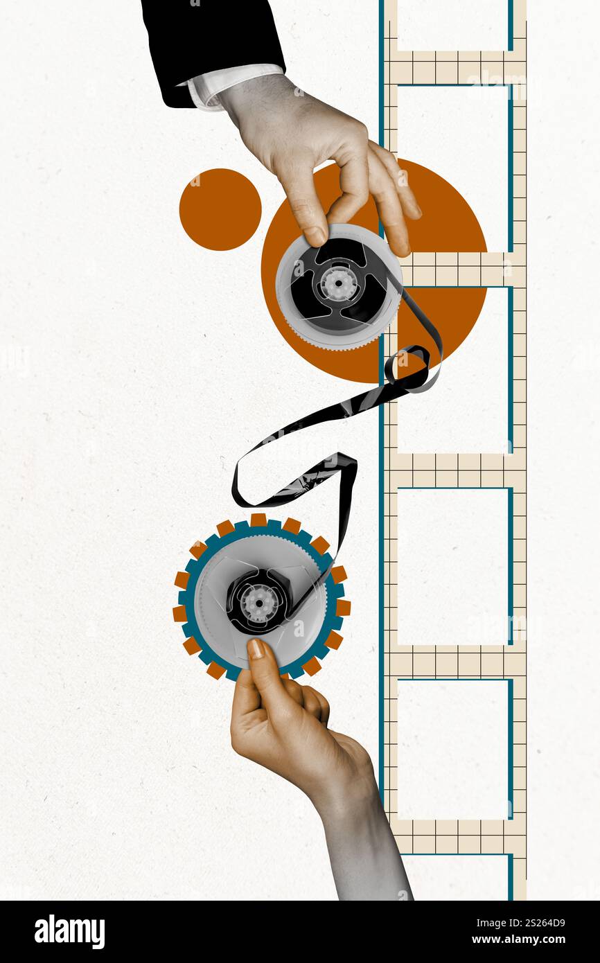 Vertical photo collage of hands hold retro tape cinematography cassette ...