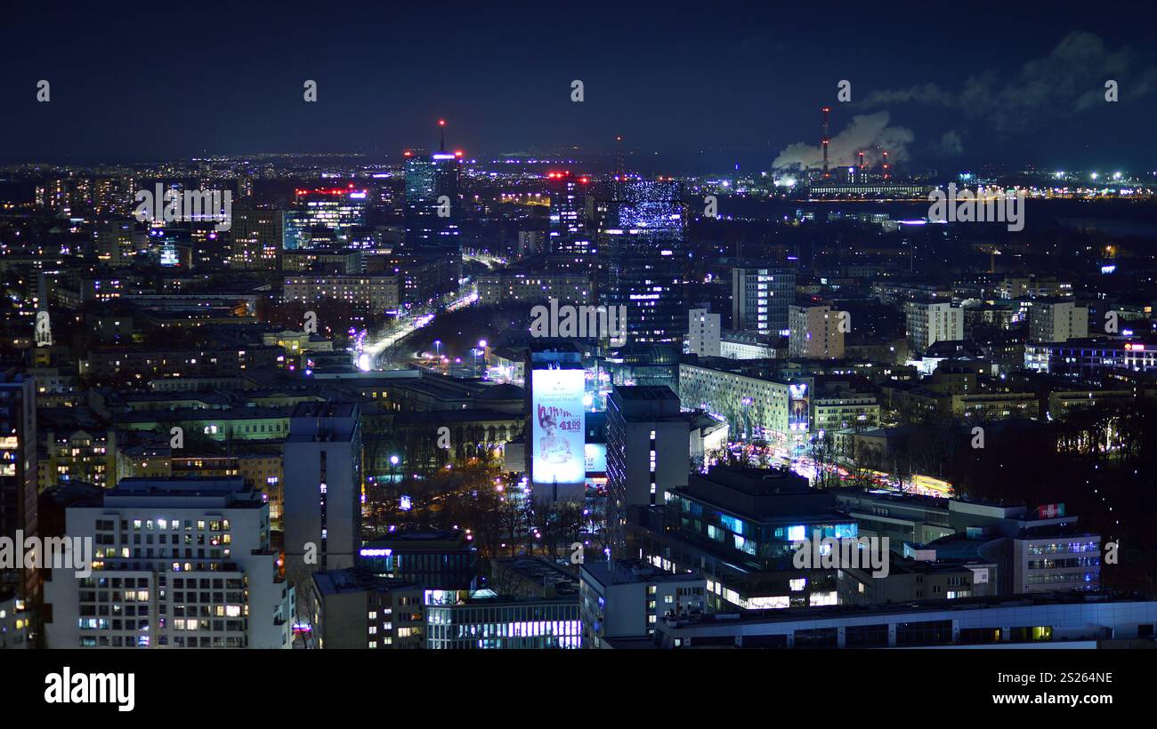 Warsaw, Poland. 3 January 2025. Cityscape by night seen from above. A ...
