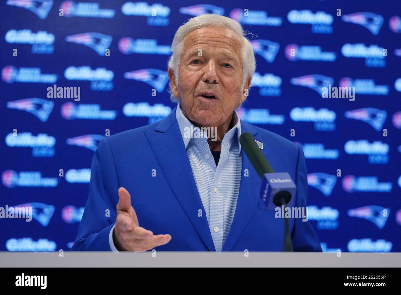 New England Patriots owner Robert Kraft answers a question during a ...