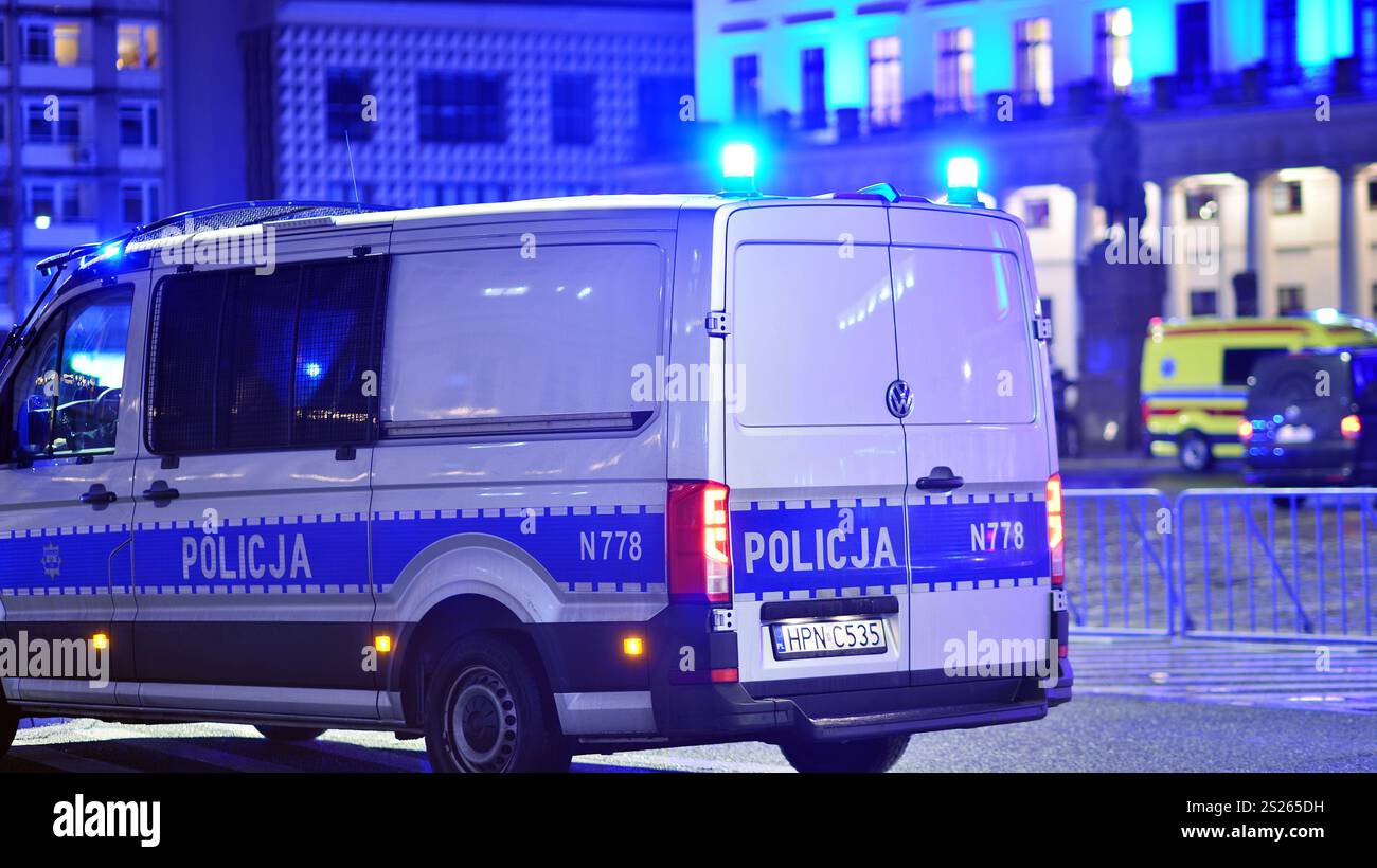 Warsaw, Poland. 3 January 2025. Police cars on patrol with blue lights ...