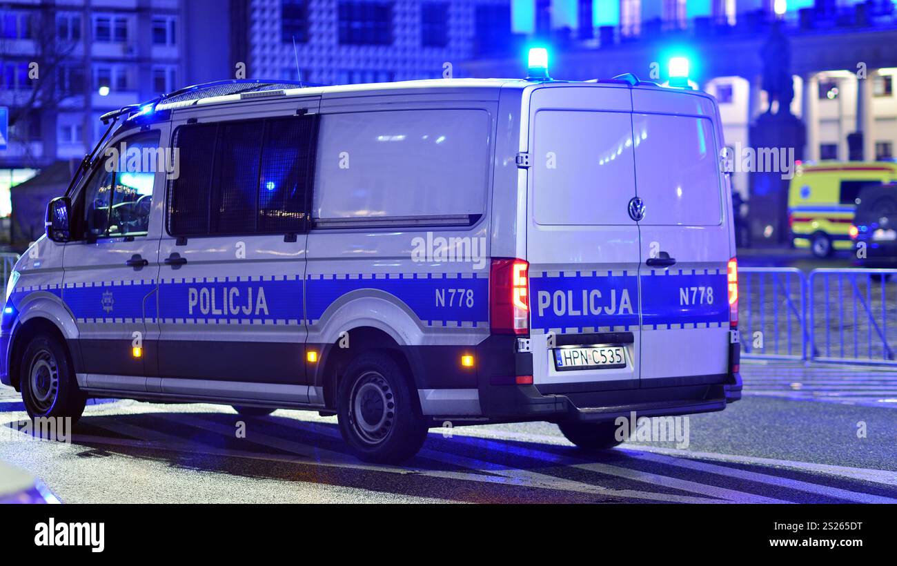 Warsaw, Poland. 3 January 2025. Police cars on patrol with blue lights ...