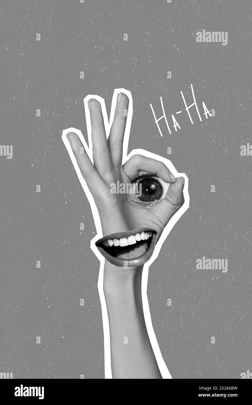 Photo collage artwork minimal picture of smiling happy face inside arm ...