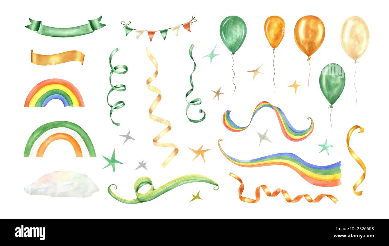 Cute traditional attributes for St. Patrick Day watercolor illustration ...