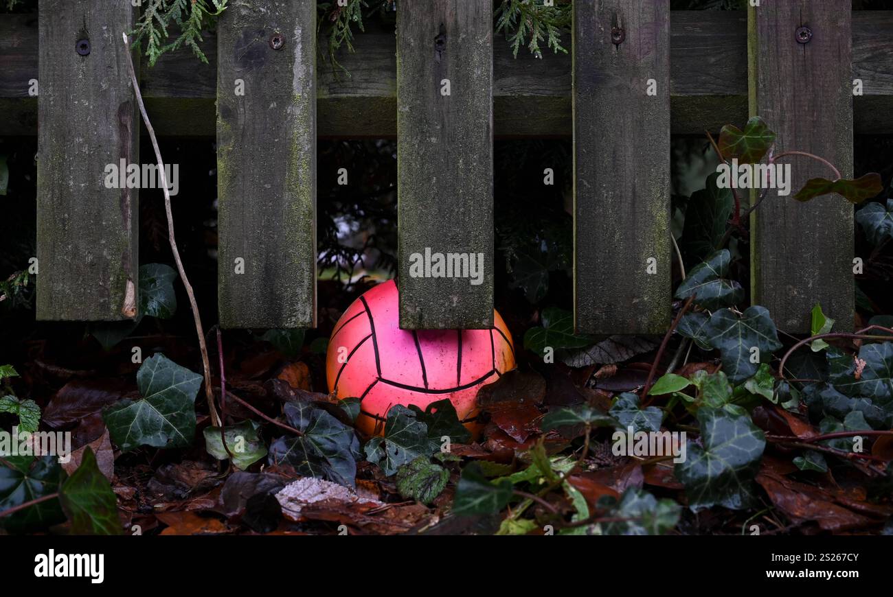 Ball unter Gartenzaun, aufgenommen in Eichenau, Bayern, am 14. Dezember ...