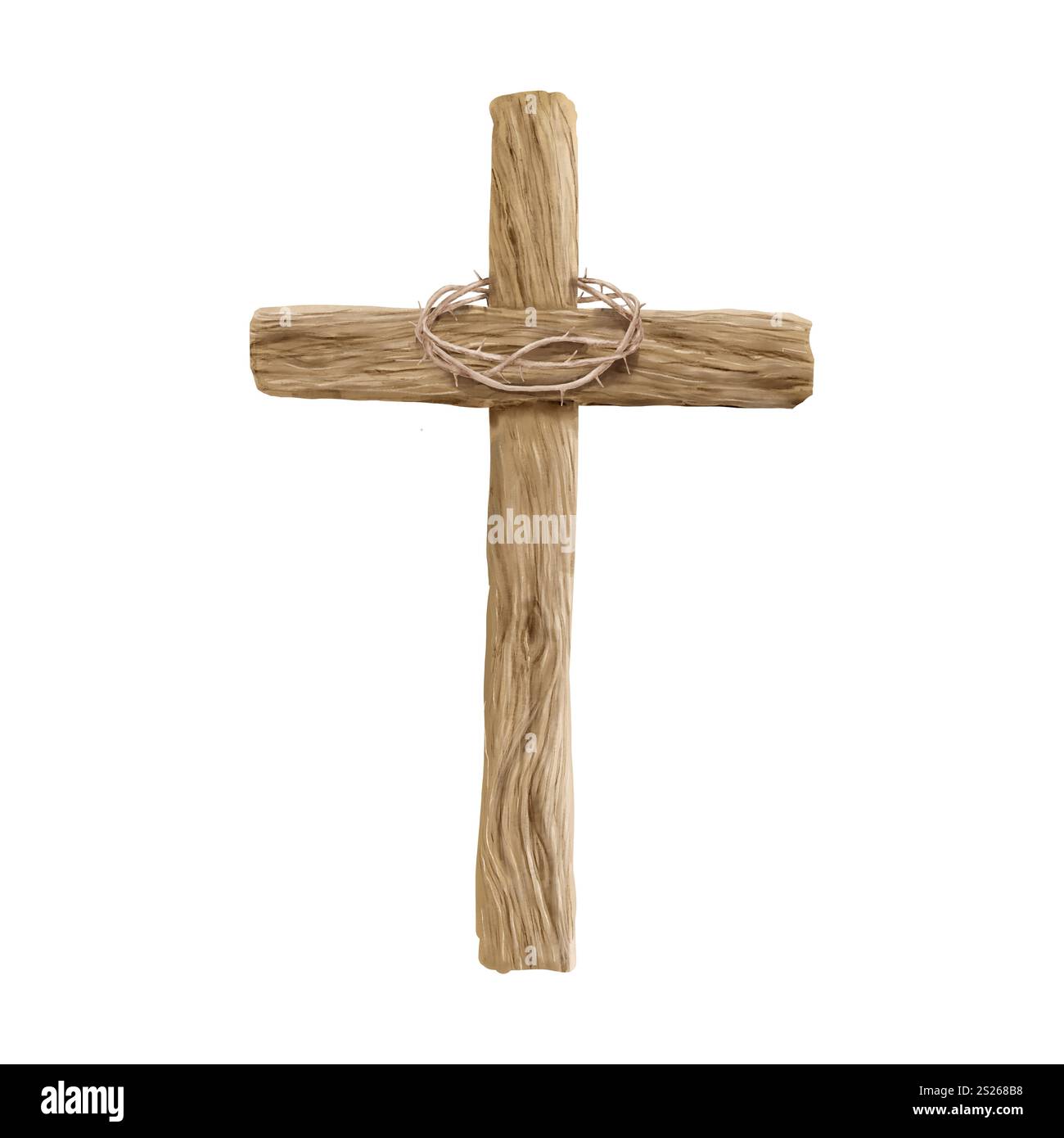 Wooden Easter cross and crown of thorns on the cross. Watercolor ...