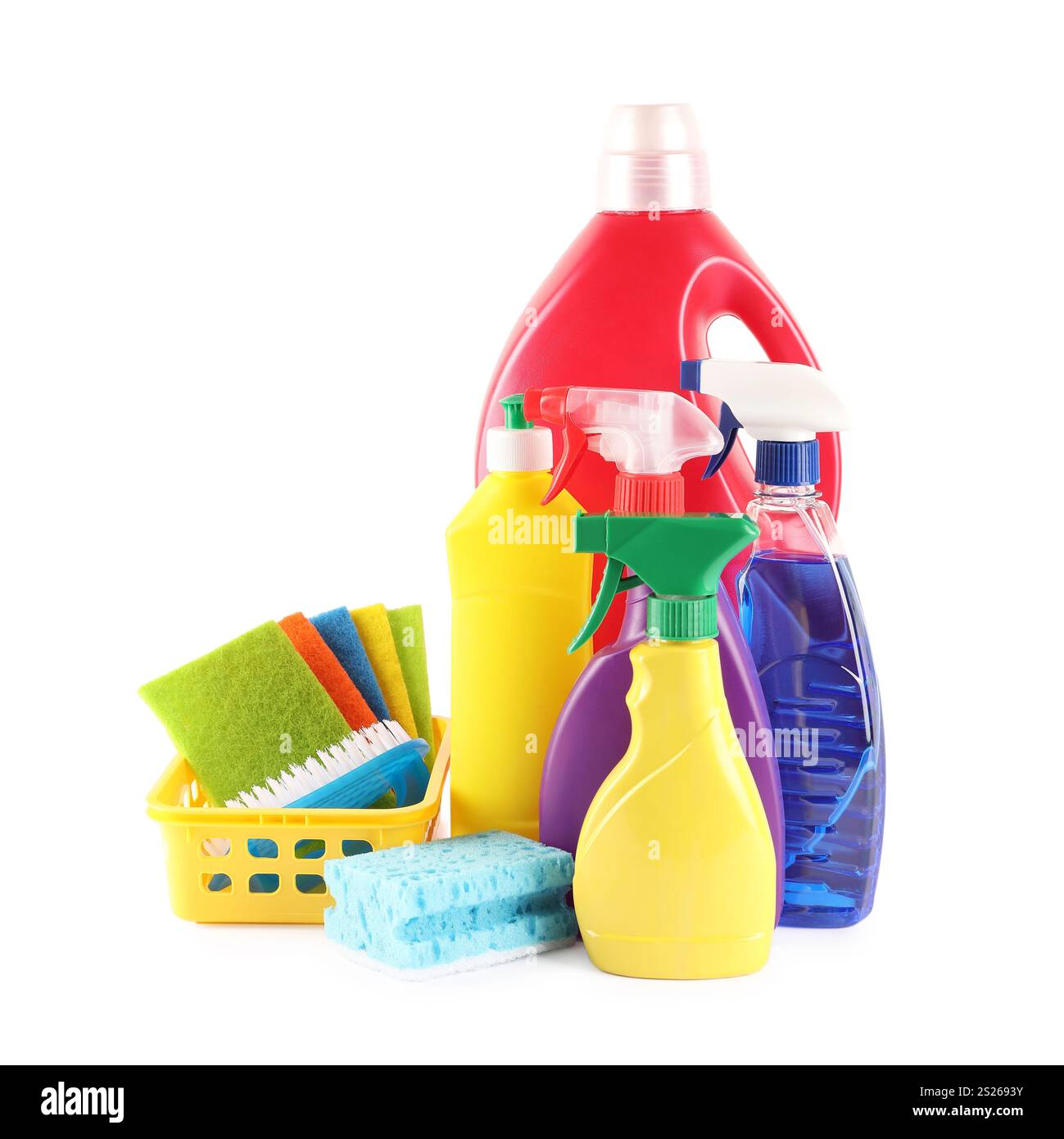 Set of different cleaning products isolated on white Stock Photo - Alamy