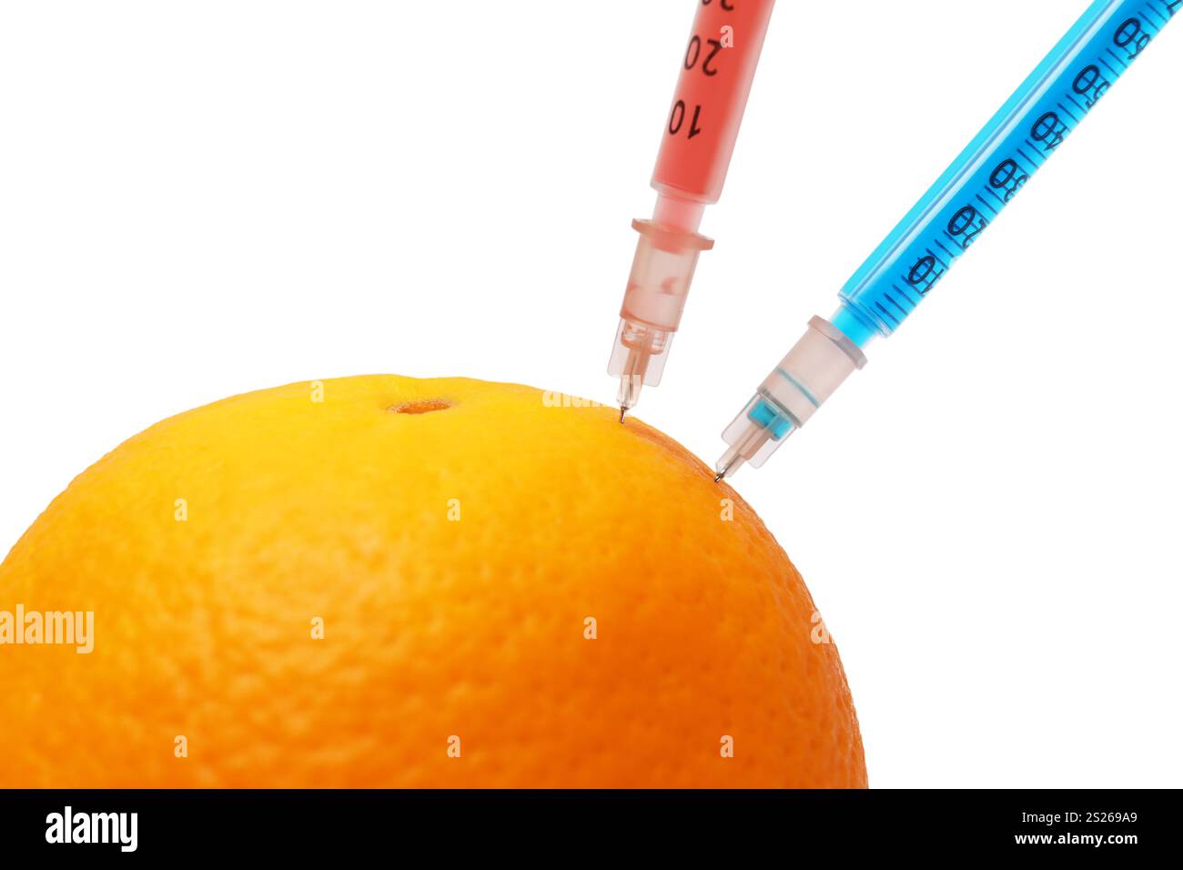 GMO concept. Fresh orange and syringes isolated on white Stock Photo ...