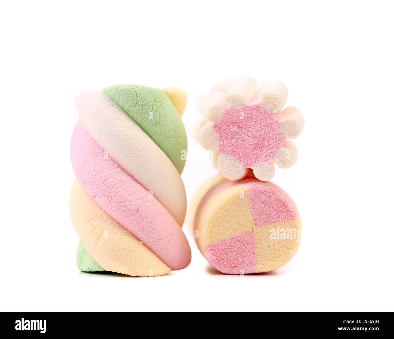 Three different colorful marshmallow. Close up. White background Stock ...