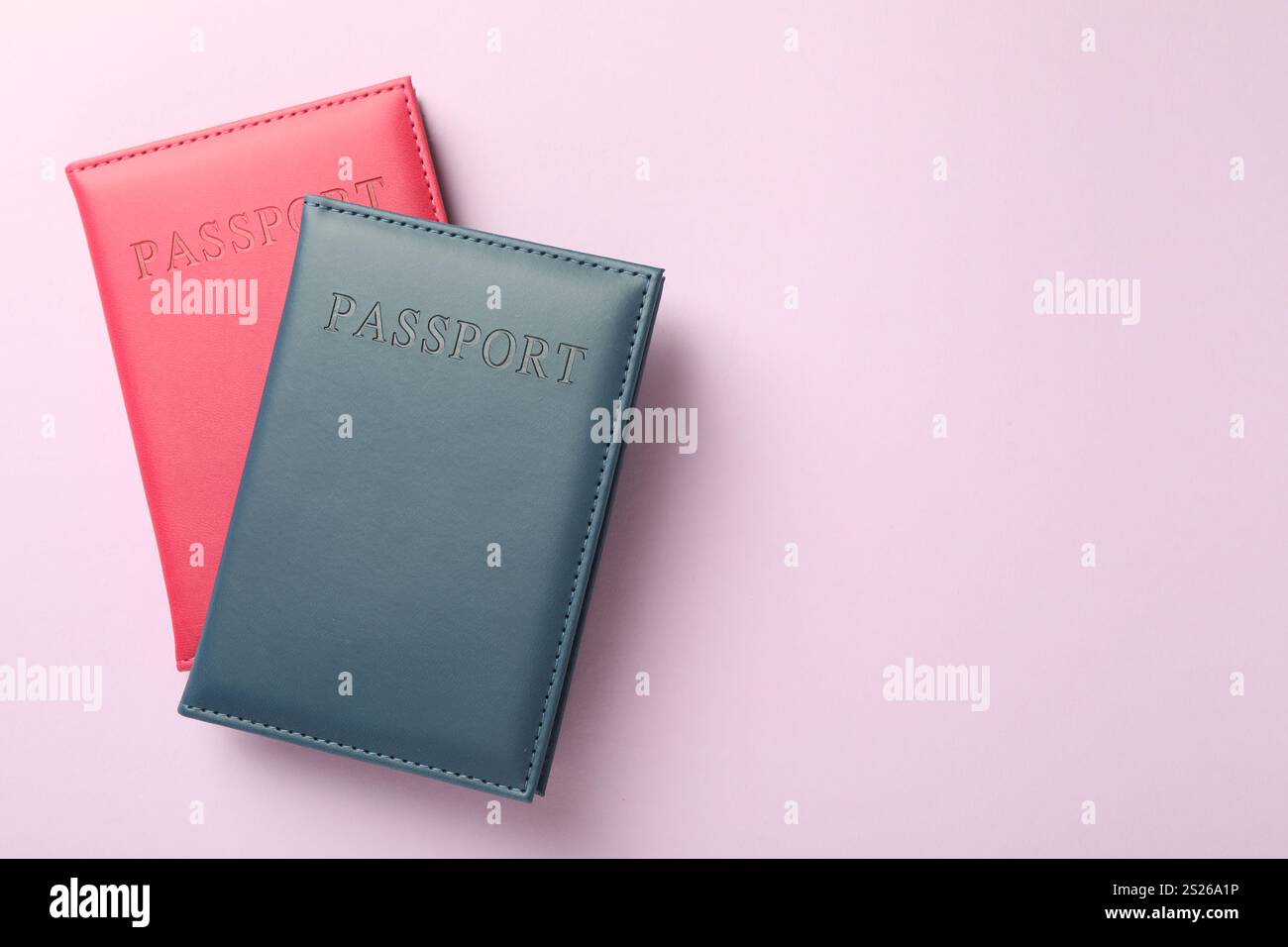 Passports in color covers on pink background, top view. Space for text ...