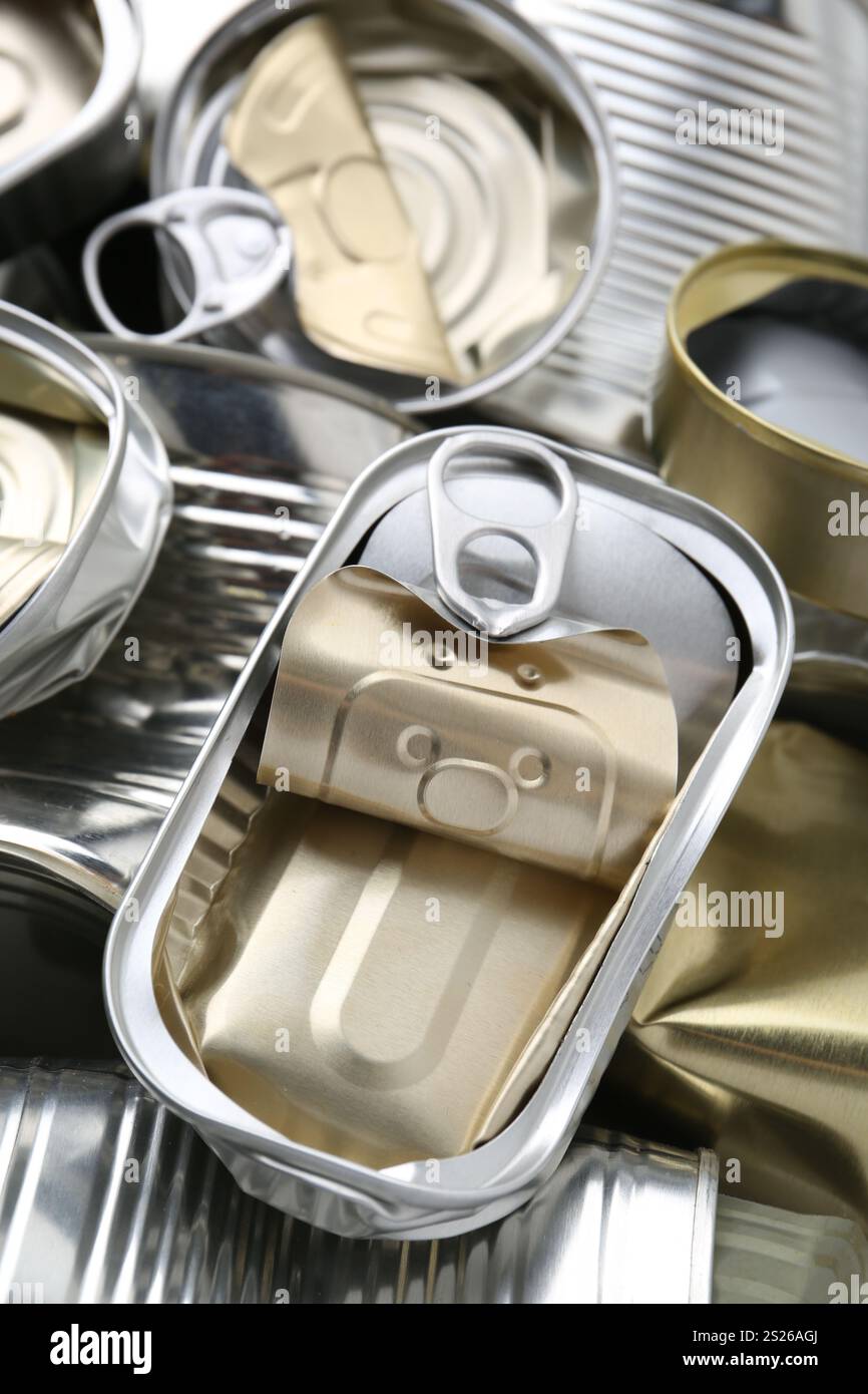 Many crumpled tin cans as background, closeup Stock Photo - Alamy