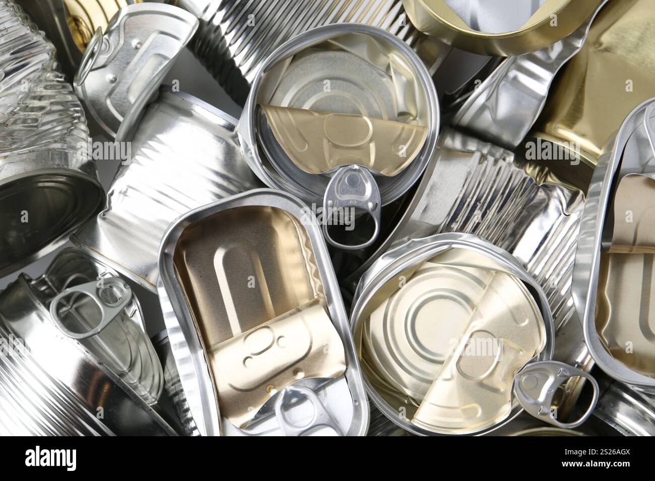 Many crumpled tin cans as background, top view Stock Photo - Alamy