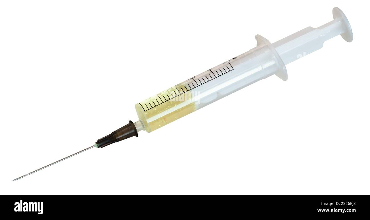 5 ml syringe filled with yellow infusion isolated on white background ...