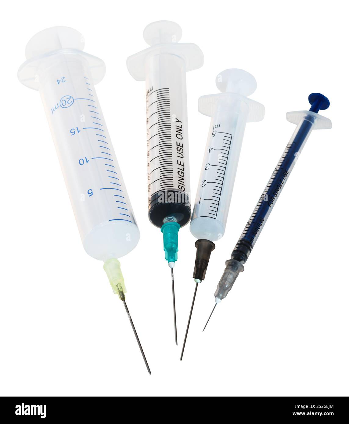 four new medical plastic disposable syringes isolated on white ...
