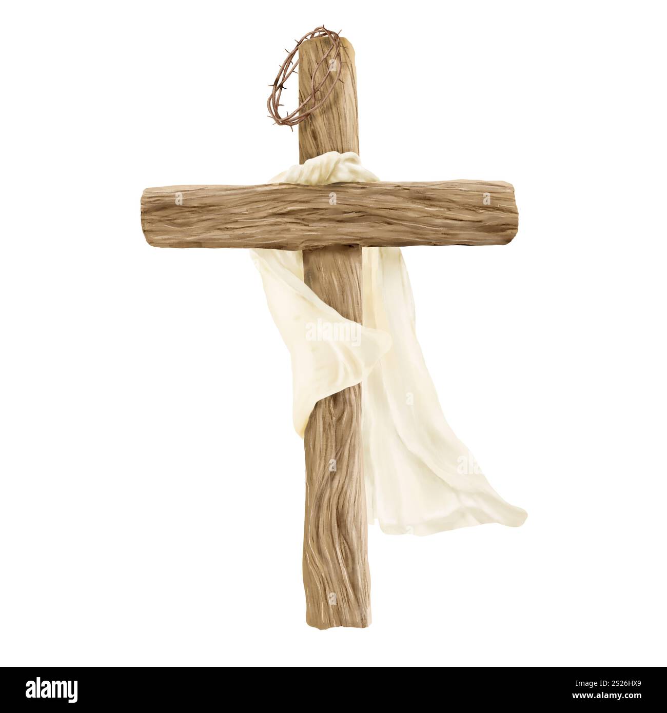 Wooden Christian cross and crown of thorns on the cross. Watercolor ...