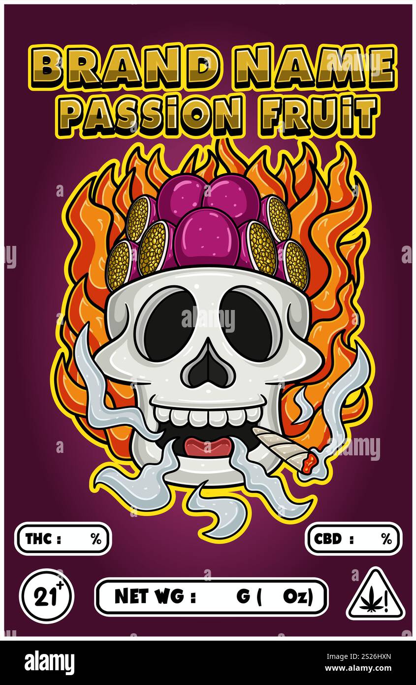 Cartoon Passion Fruit on Skull Head Smoking And Burning Fire ...