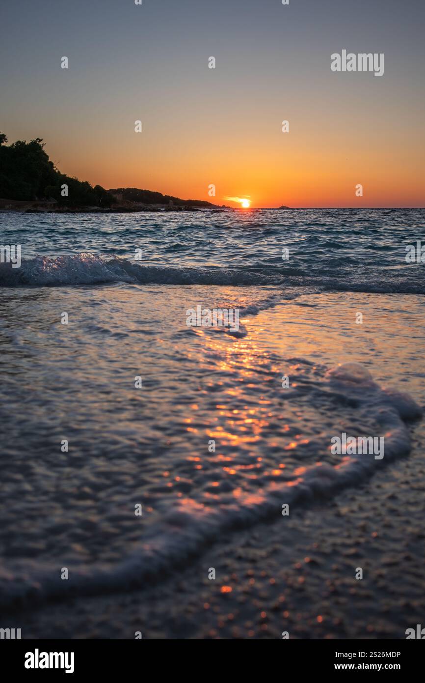 Romantic Vertical View of Ionian Sea Wave with Sunset in Ksamil. Low ...