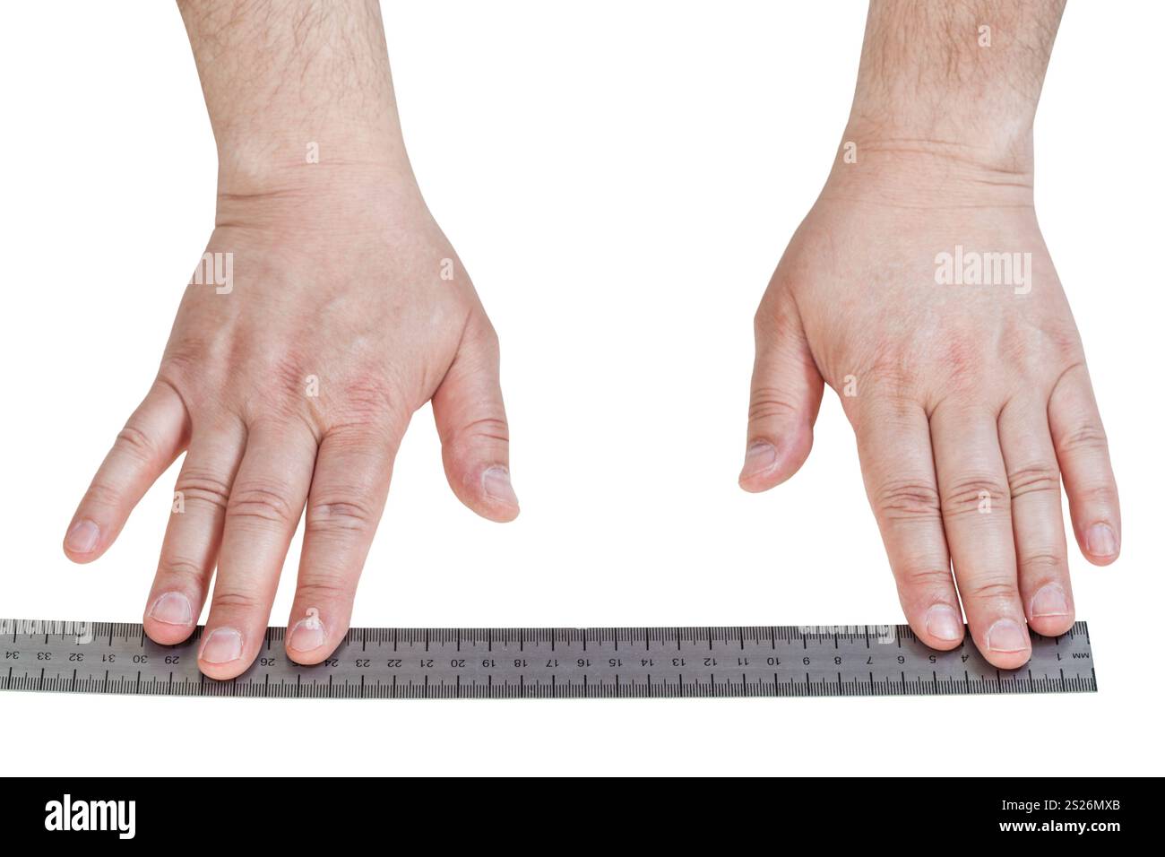 male hands with metallic ruller line isolated on white background Stock ...