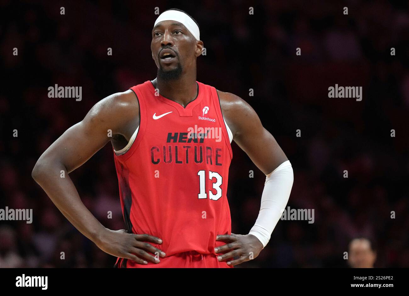 Miami Heat center Bam Adebayo stands on the court during the second ...