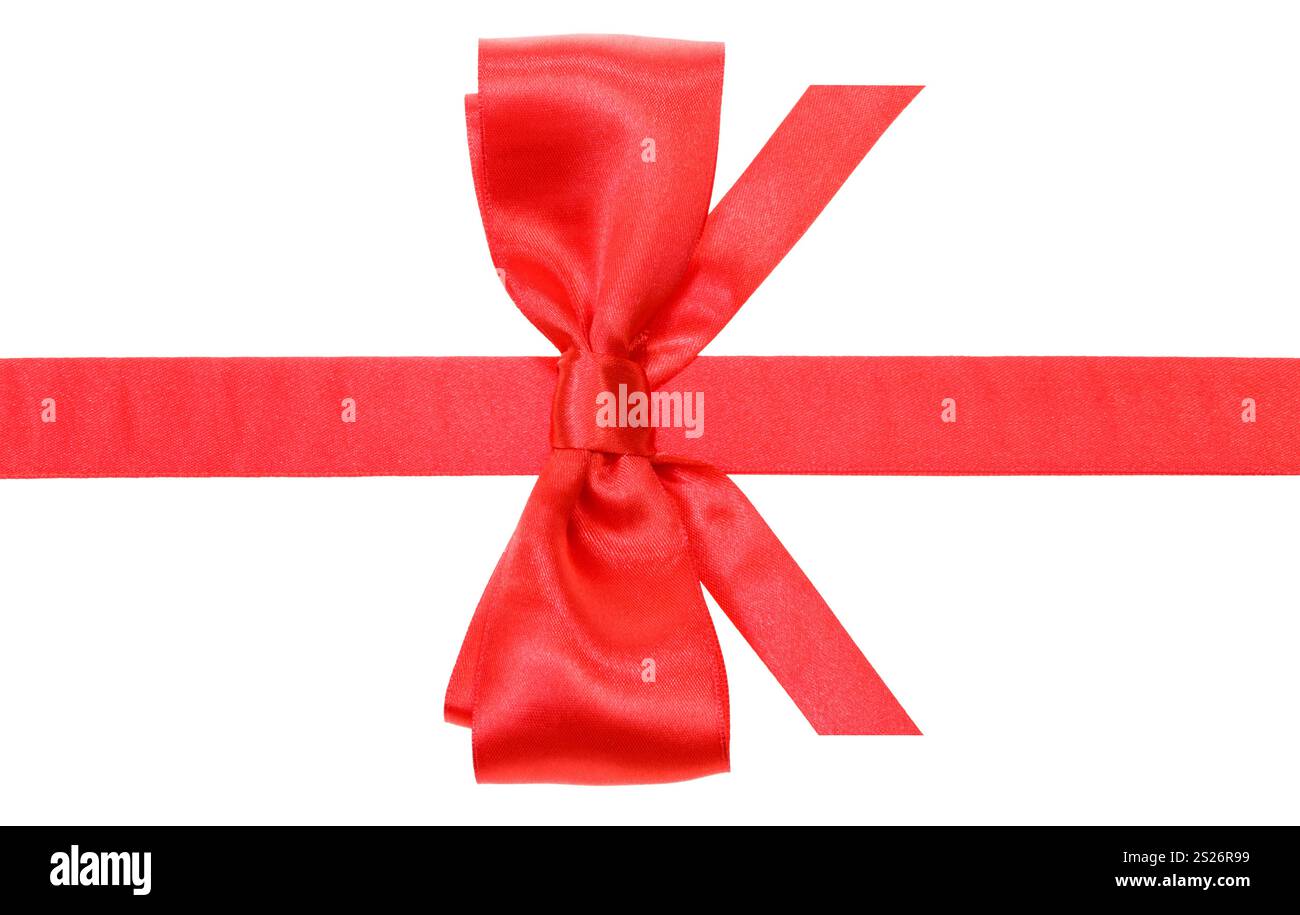 real red silk bow with vertically cut ends on silk ribbon isolated on ...