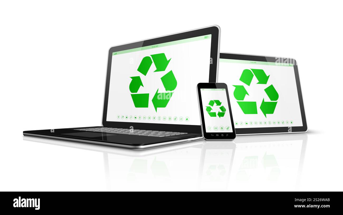 3D Electronic devices with a recycling symbol on screen. environmental ...