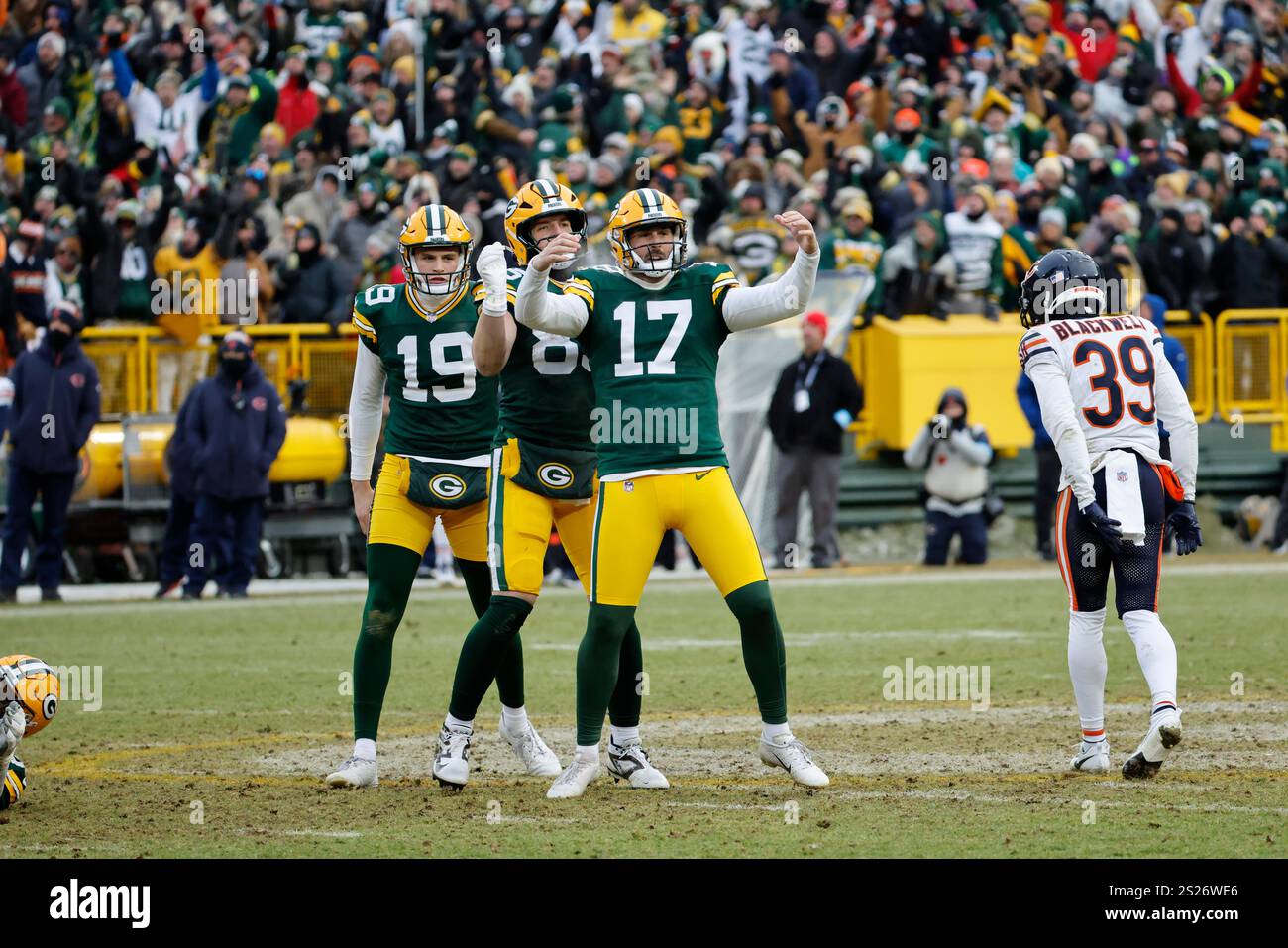 Green Bay Packers place kicker Brandon McManus (17) during an NFL ...