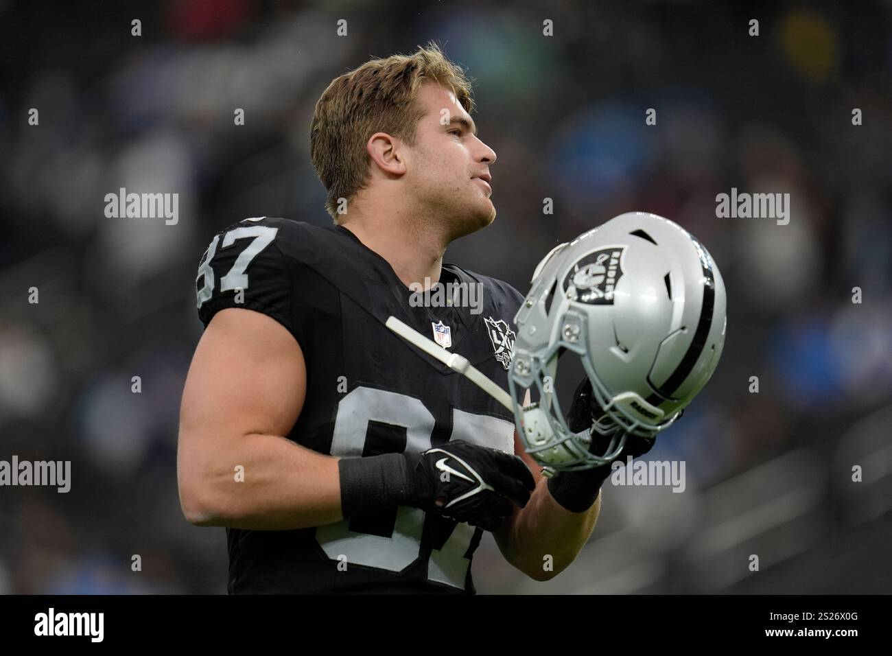 Las Vegas Raiders tight end Michael Mayer (87) stands on the field ...