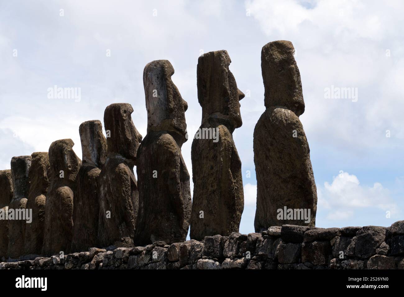 The back side of Ahu Tongariki, Easter Island’s largest monument with 15 standing moai statues ...