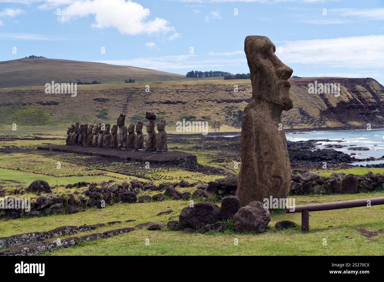 A single Moai stands at the entrance to Ahu Tongariki, Easter Island’s largest monument with 15 ...