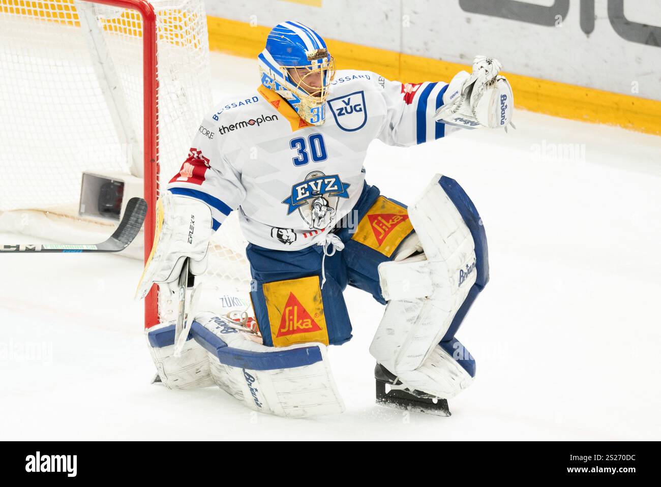 Lausanne, Switzerland. , . Leonardo Genoni (goal keeper) of EV Zug #30 ...
