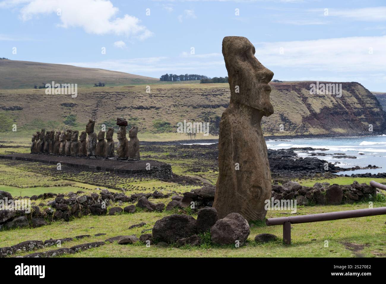 A single Moai stands at the entrance to Ahu Tongariki, Easter Island’s ...