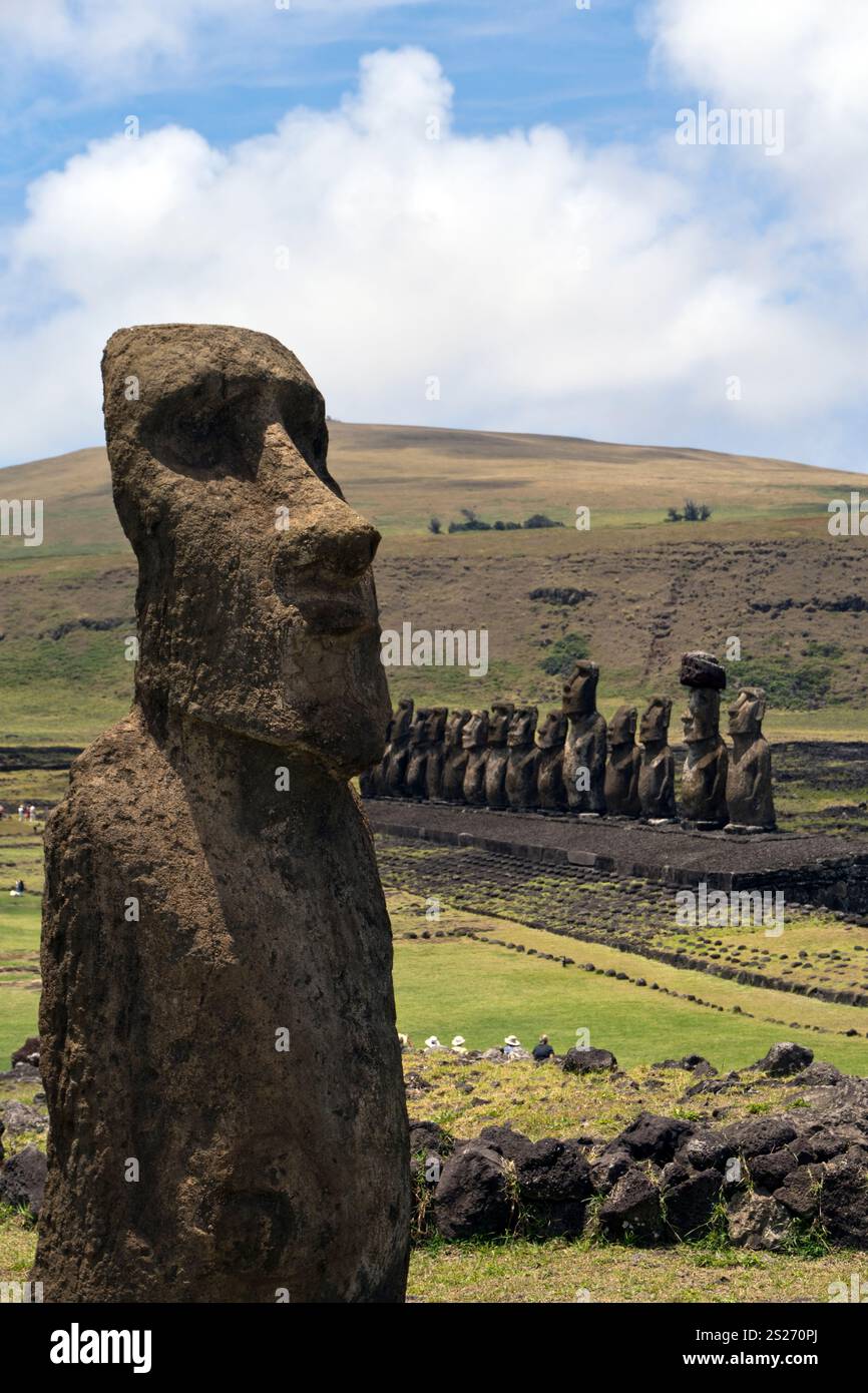 A single Moai stands at the entrance to Ahu Tongariki, Easter Island’s largest monument with 15 ...