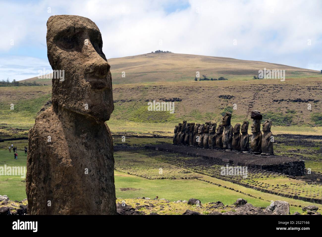 A single Moai stands at the entrance to Ahu Tongariki, Easter Island’s largest monument with 15 ...