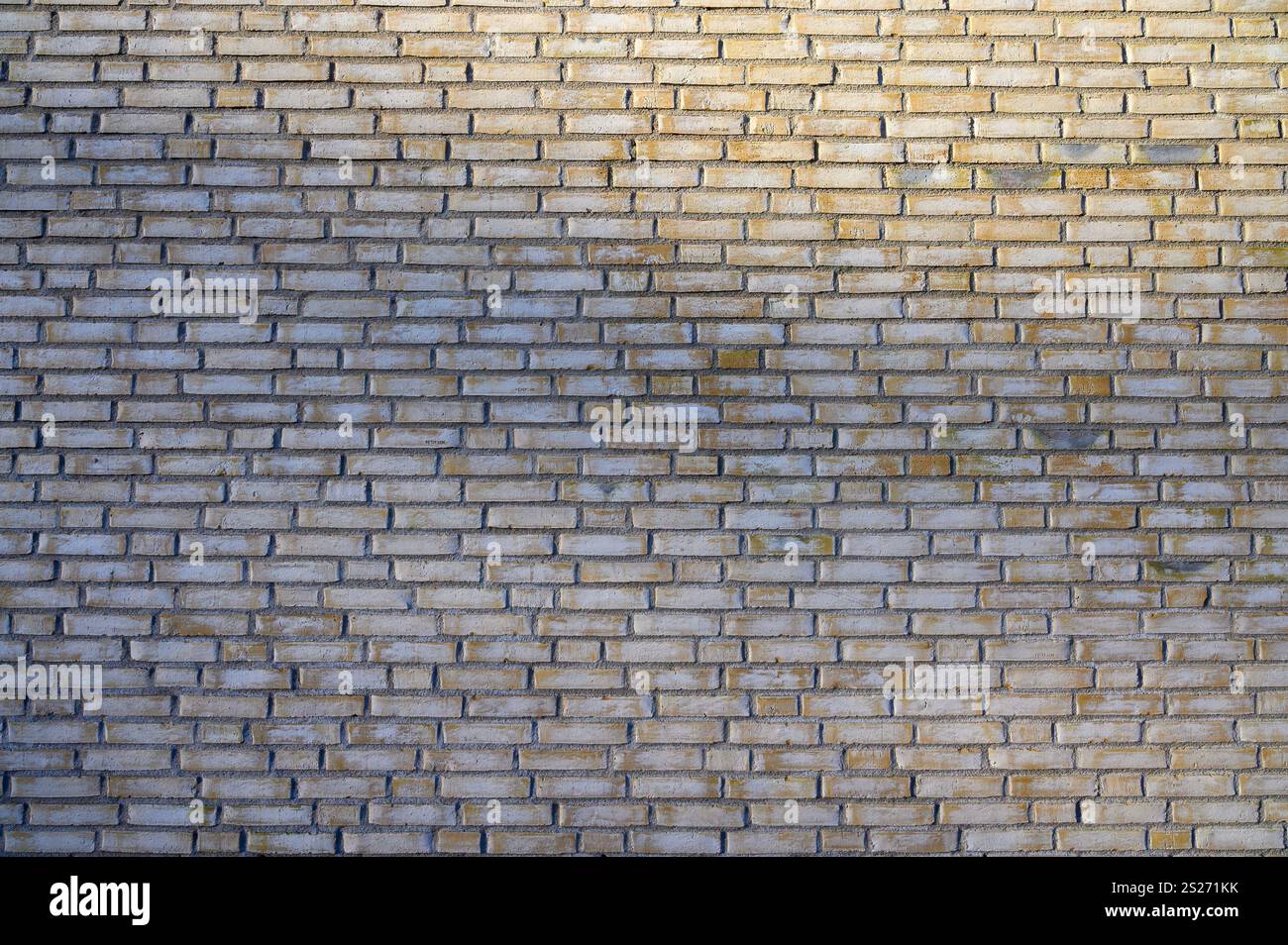 A weathered brick wall displays a uniform pattern with subtle ...
