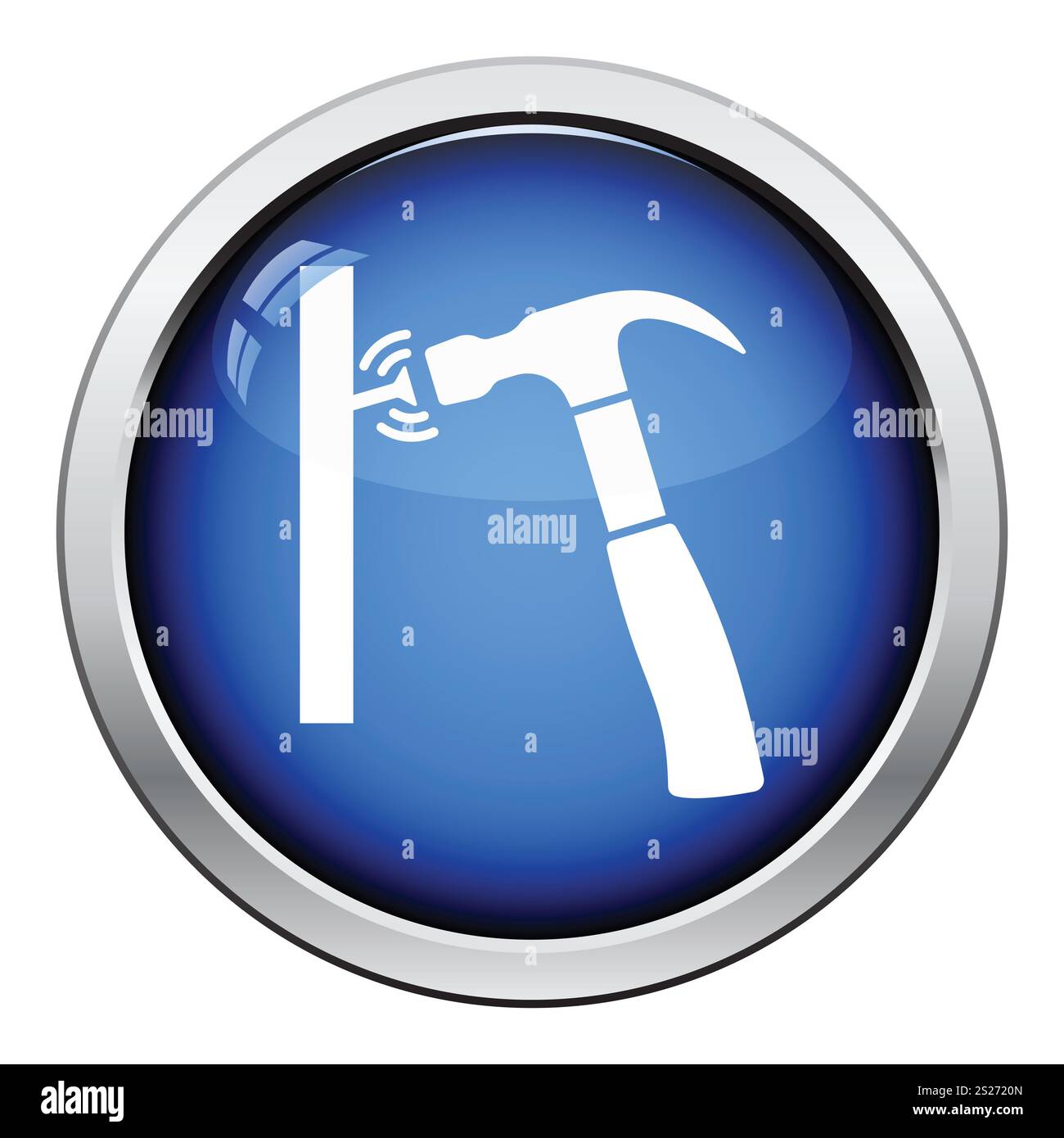 Icon of hammer beat to nail. Glossy button design Stock Photo - Alamy