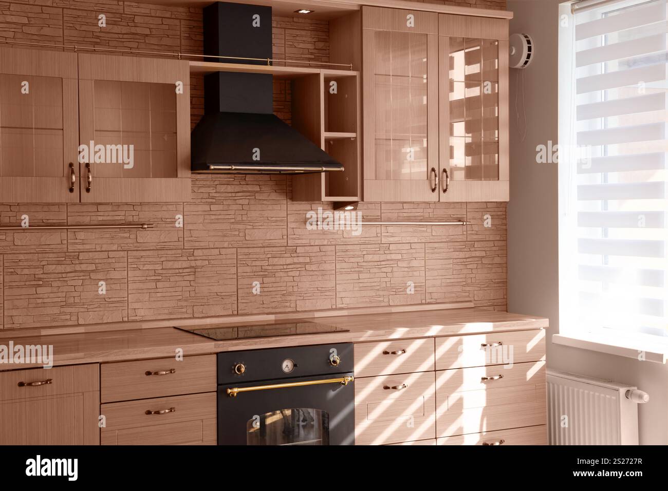 Modern interior of a combined kitchen and living room with colors of ...