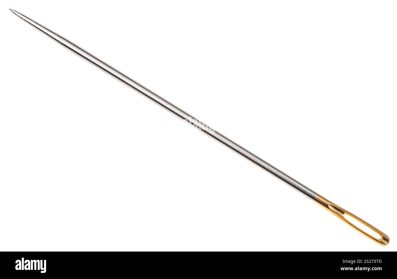 steel sewing needle with golden needle's eye isolated on white ...