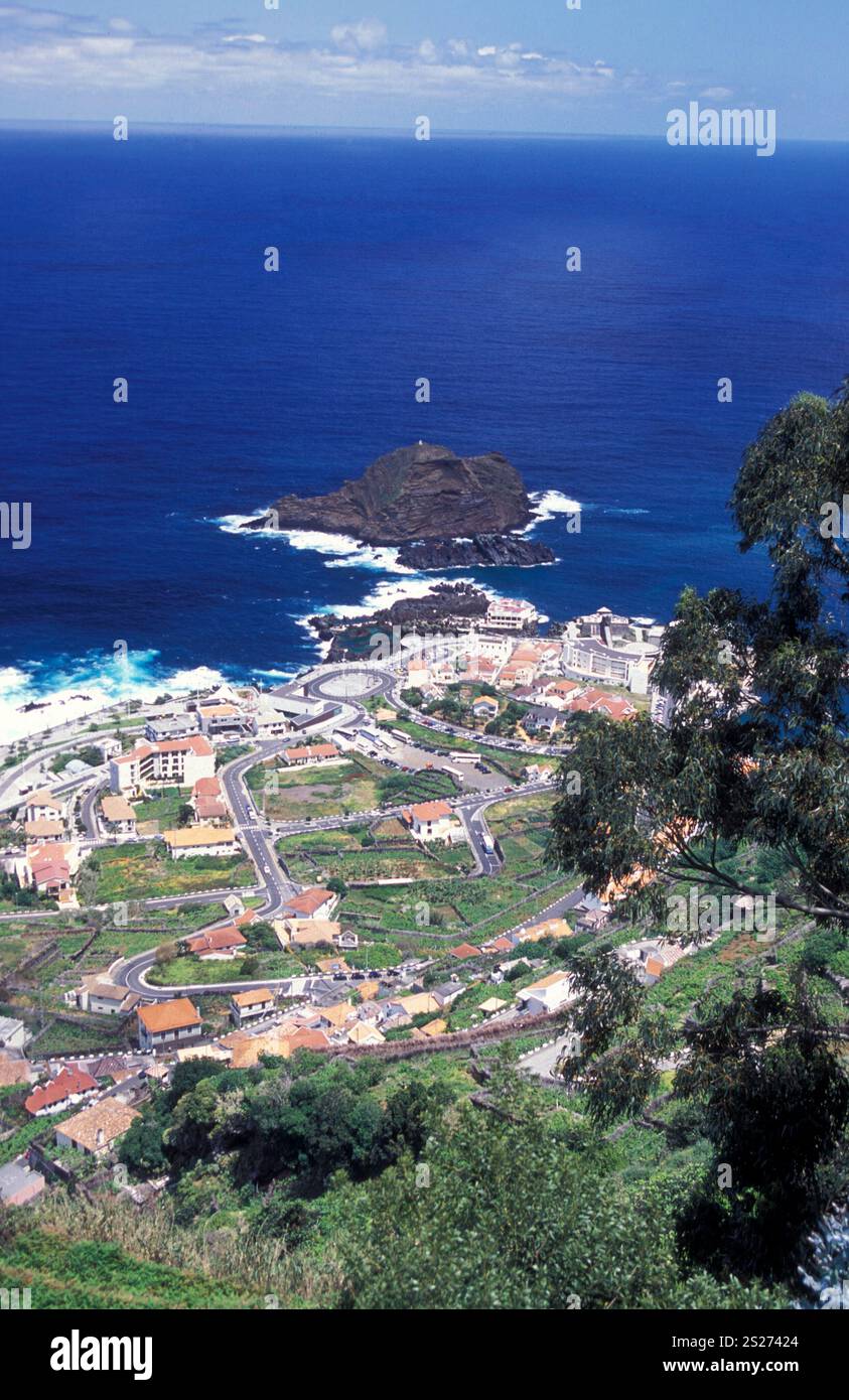 the landscape and coast at the old town of Porto Moniz on the Island of ...
