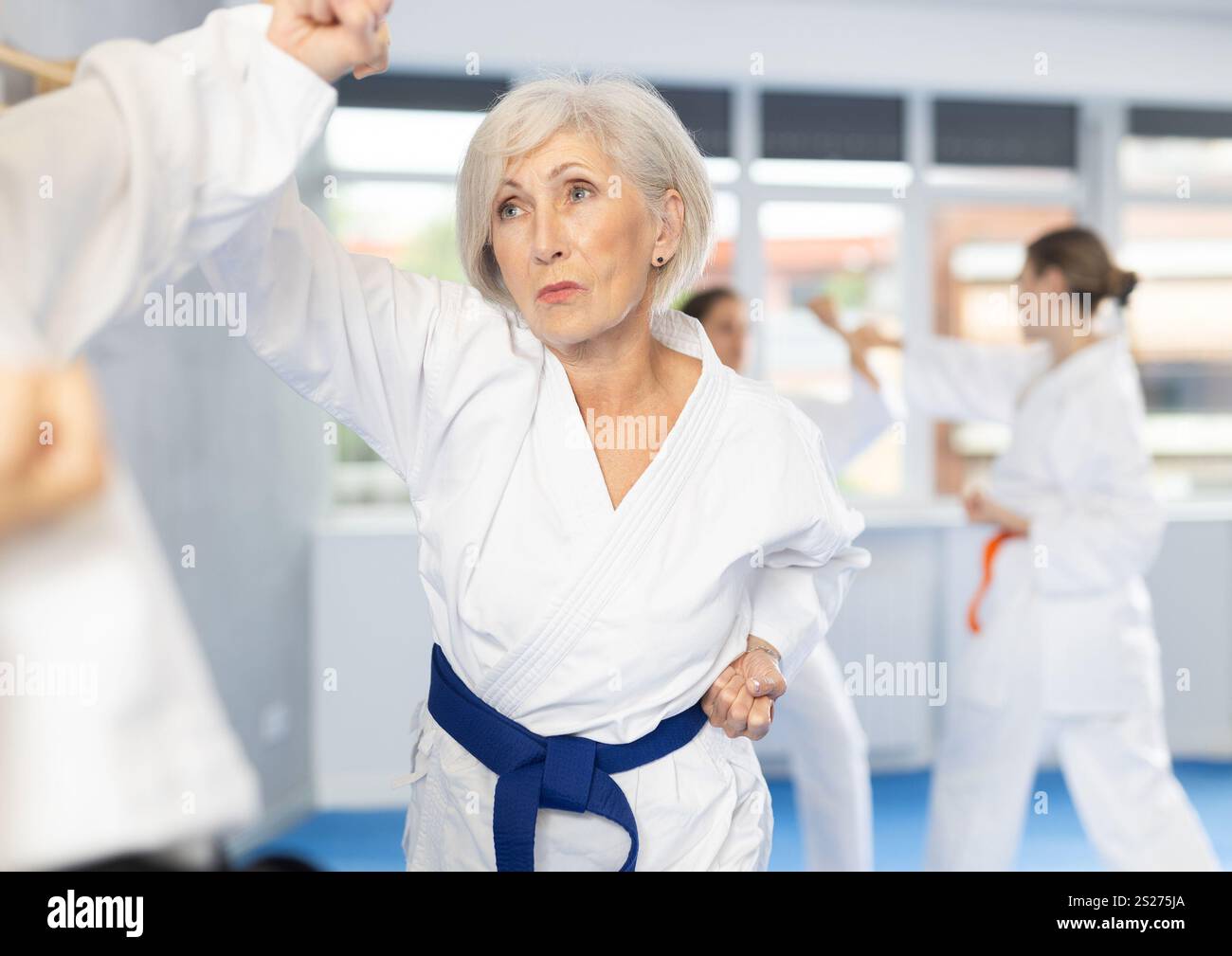 Elderly woman in pair exercising karate movements during group training ...