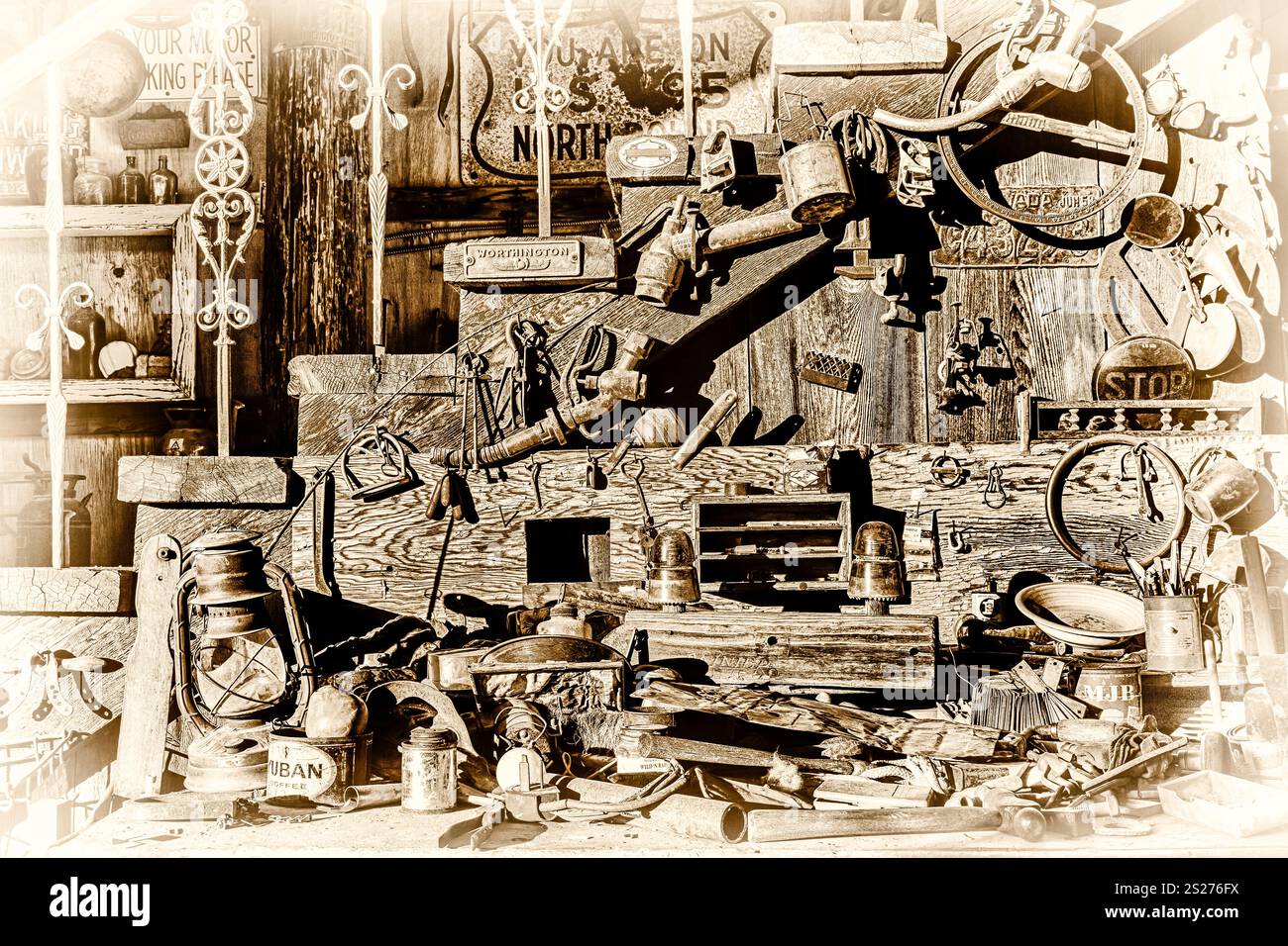 A collection of old tools and items are displayed in a cluttered manner ...